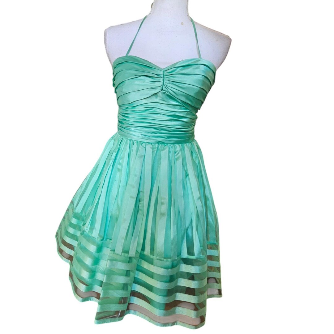 Y2K Mint Green Party Dress Halter Satin Ruched Mini Sz 2 4 Prom ...