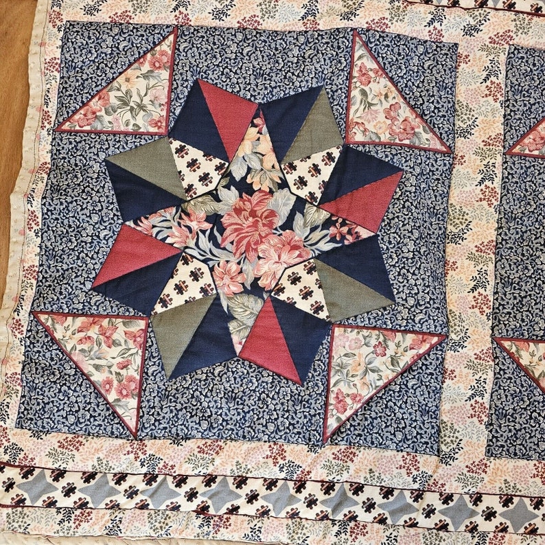 Vintage 90s Hand Stitched Star Quilt Tapestry Wall Hanging Blue Roses ...