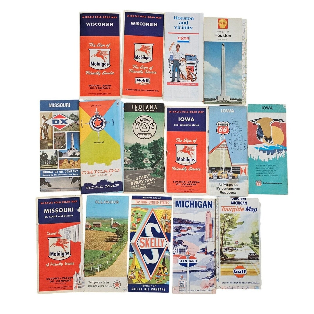 Vintage 60s 70s Fold up Road Maps USA Midwest Paper GPS Houston Upcycle ...