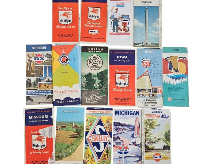 Vintage 60s 70s Fold up Road Maps USA Midwest Paper GPS Houston Upcycle ...