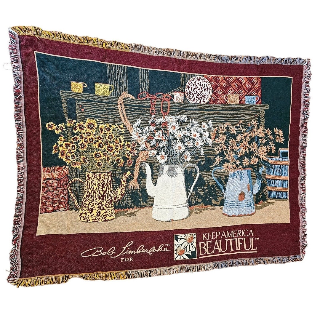 Vintage Bob Timberlake Primitive Fringe Throw Fall Flowers Water Cans ...