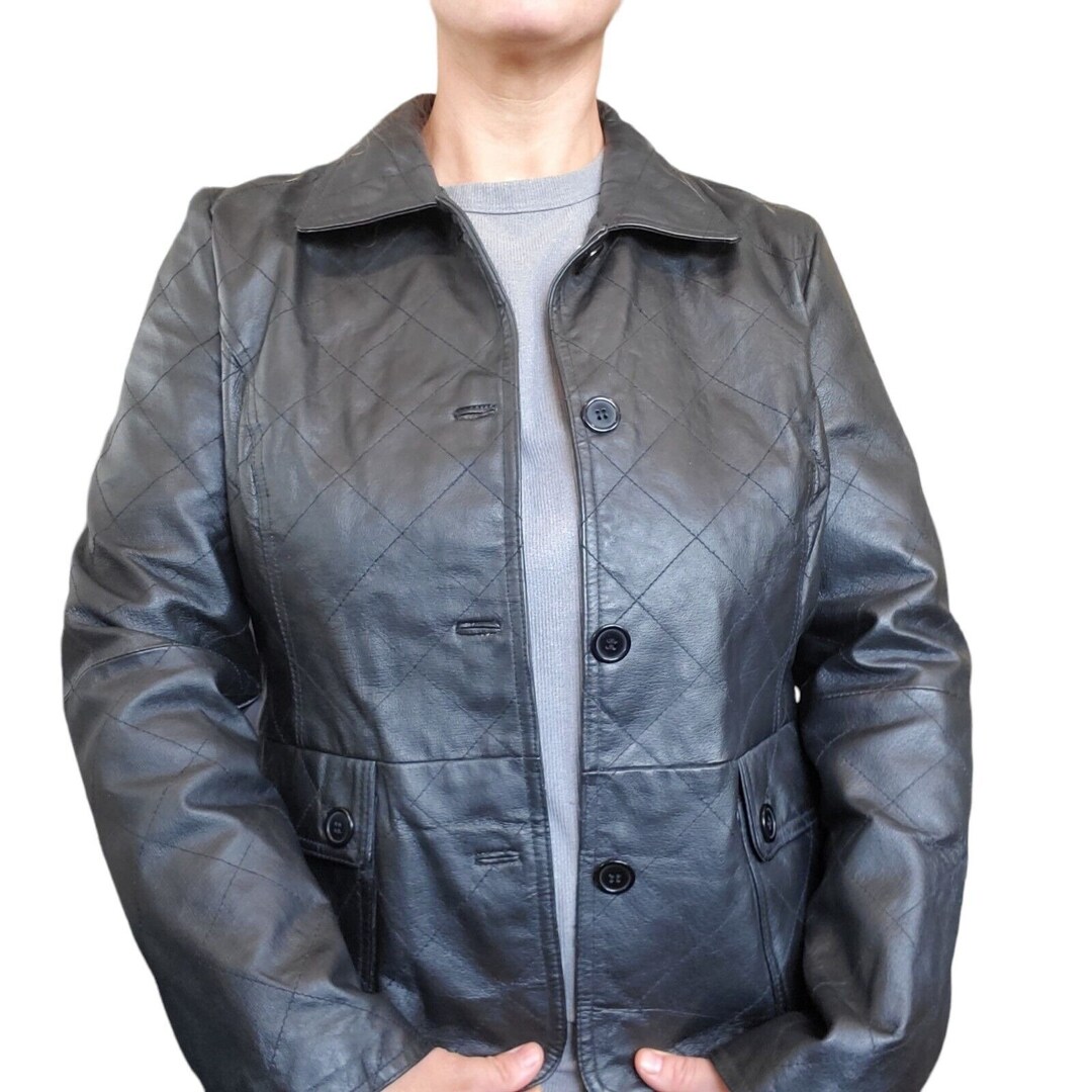 Vintage Black Leather Patchwork Checker Jacket Goth Grunge Classic Pockets | S/M Small Medium 4 ...