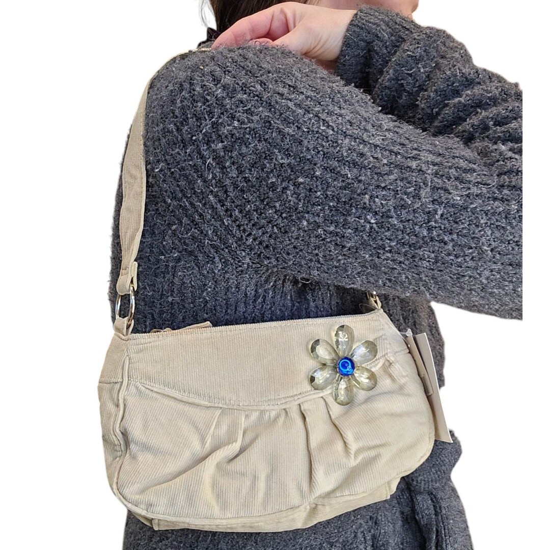 Y2K Tan Corduroy Shoulder Bag Small Beige NWT With Flower Brooch ...