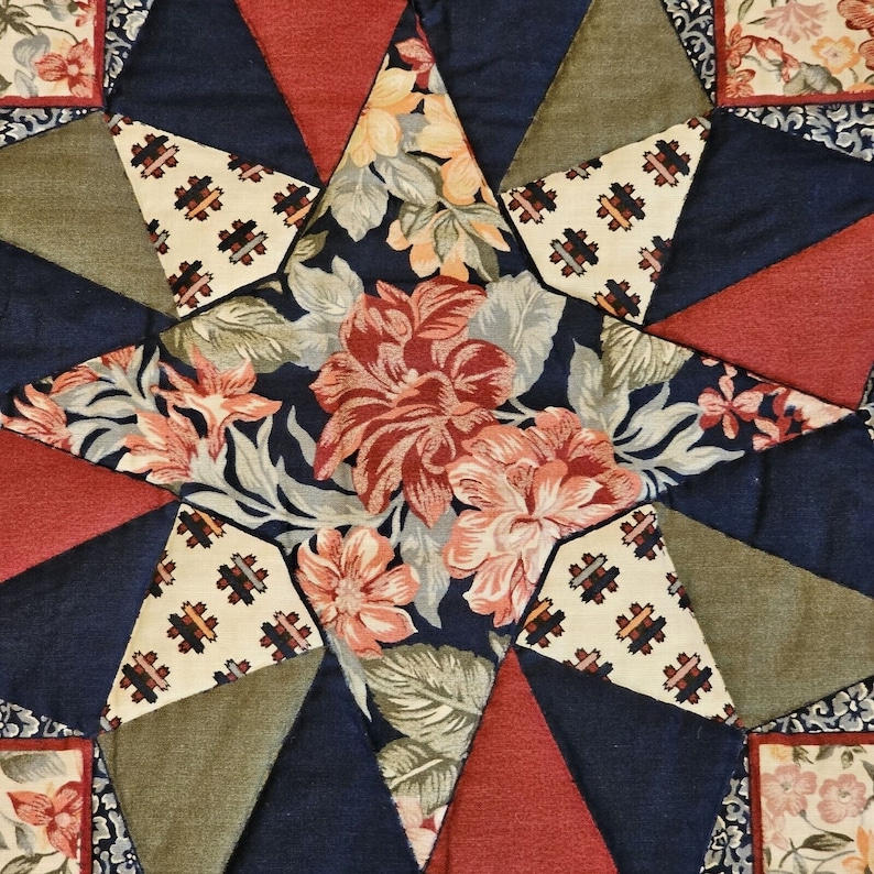 Vintage 90s Hand Stitched Star Quilt Tapestry Wall Hanging Blue Roses ...