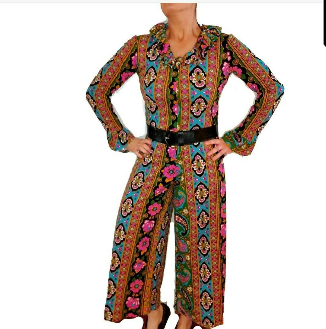 Vintage 70s Jumpsuit Cropped Floral Paisley Sz Medium Soft Polyester ...