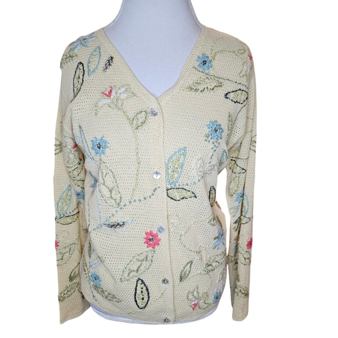 Y2K Womens M Light Yellow Cardigan Cottage Core Embroidered Linen Blend ...