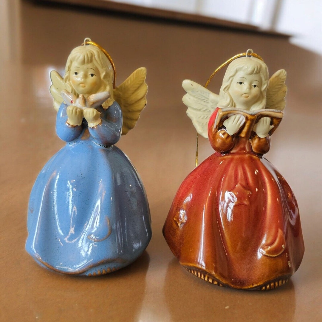 Vintage Ceramic Angel Bells Christmas Ornaments Set of 2 Blue Red 4 ...