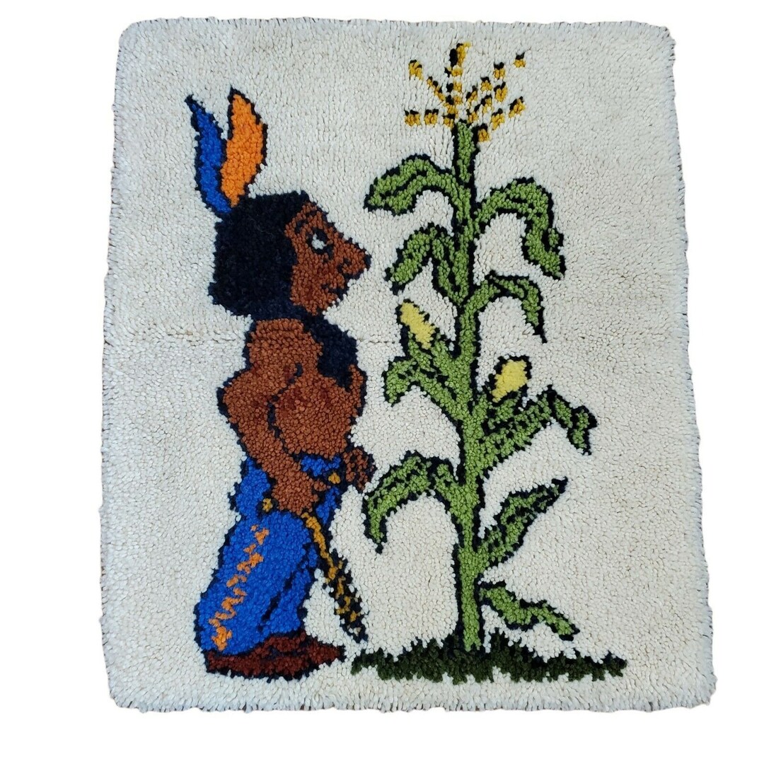 Vintage Native American Corn Stalk Finished Latchhook Wall Tapestry 35 ...