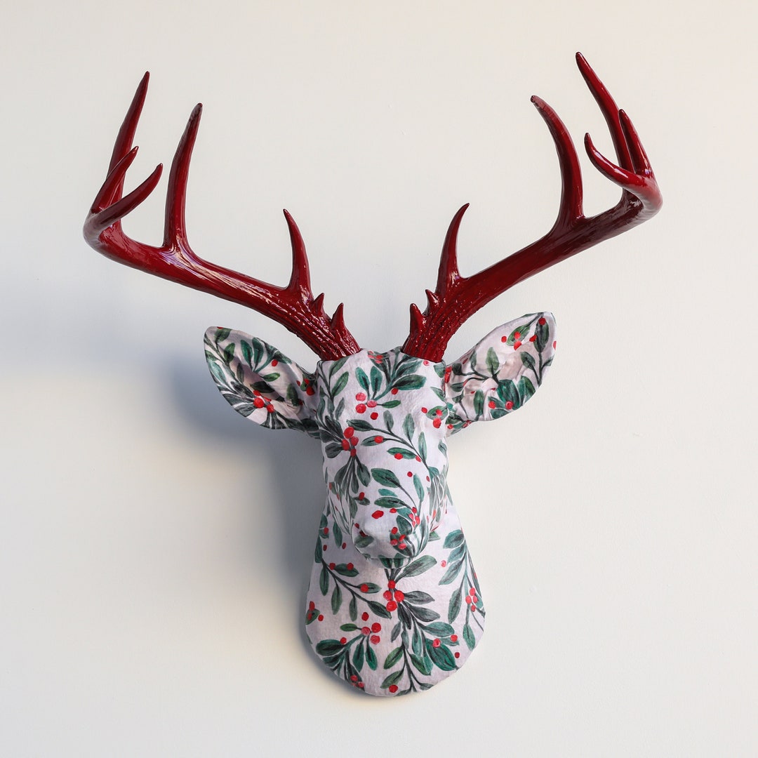 Faux Taxidermy Deer Head Fabric Wall Mount Wall Decor Mistletoe and ...
