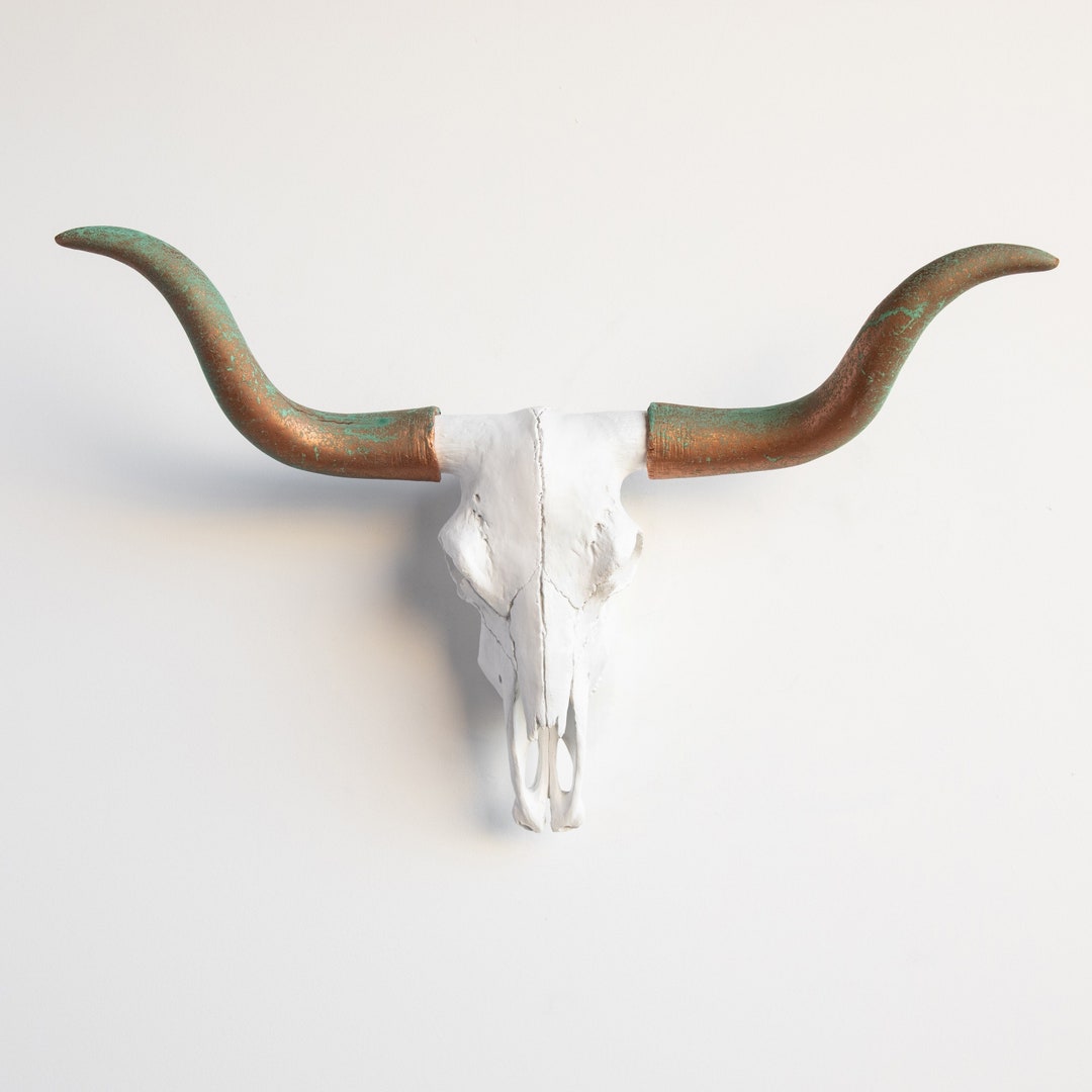 Faux Taxidermy Texas Longhorn Skull Mount Wall Decor White and Copper ...