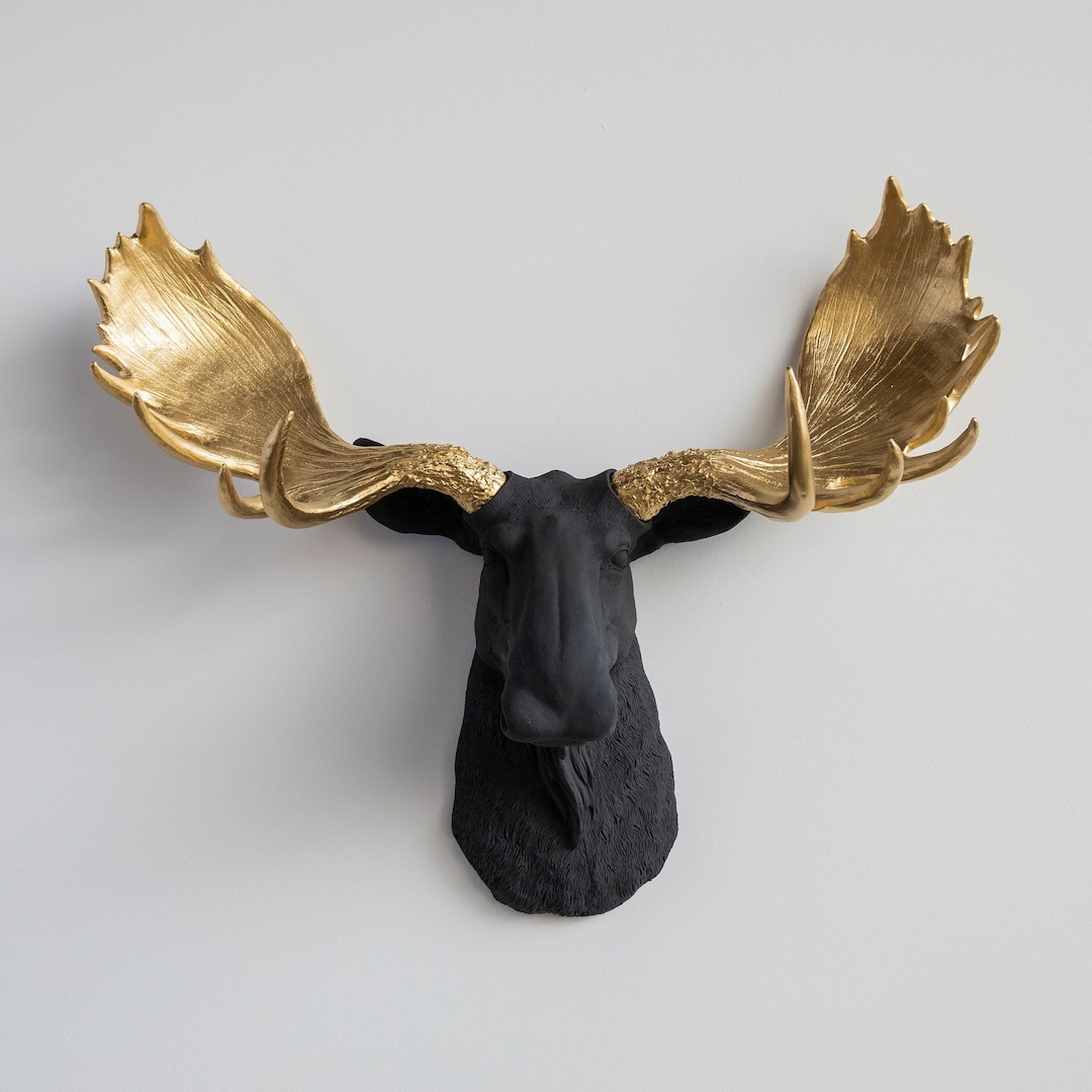 Faux Taxidermy Moose Head Wall Mount - Wall Decor - Black and Gold ...