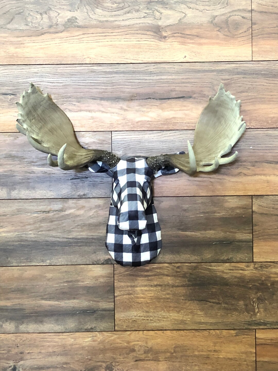 Faux Taxidermy Moose Head Fabric Wall Mount - Wall Decor - Navy Gingham ...