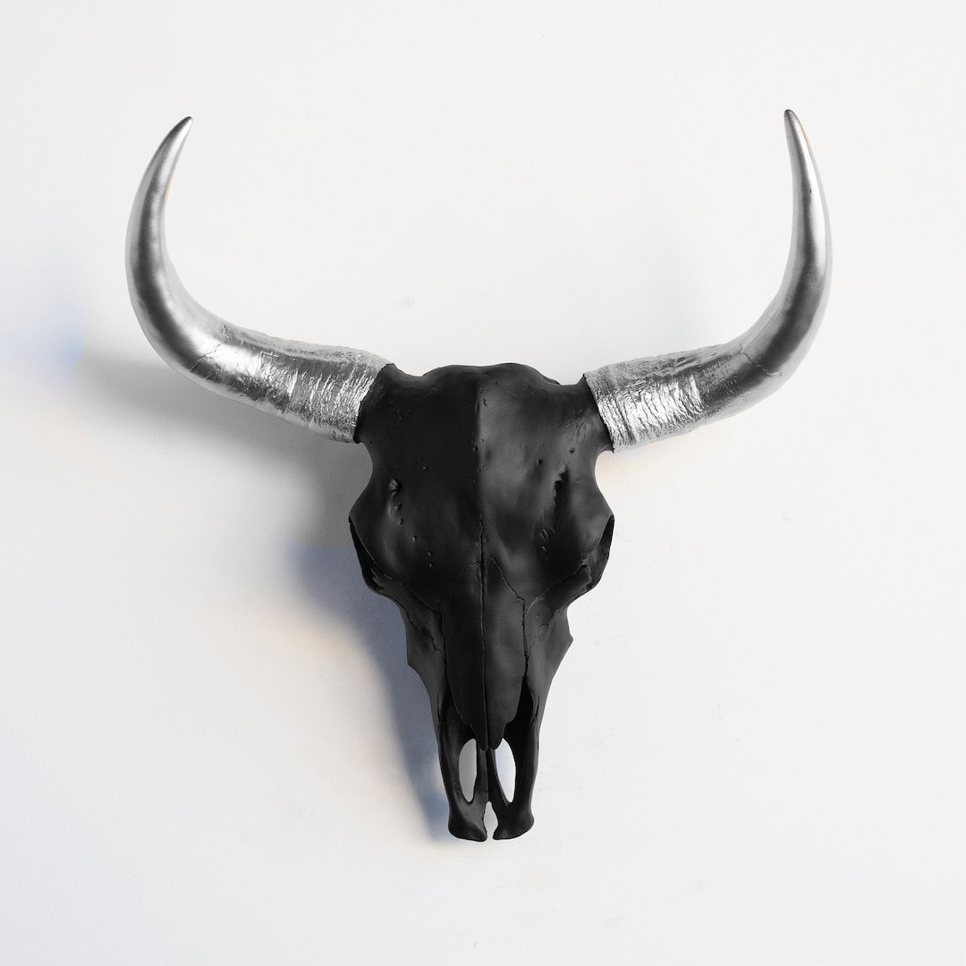 Faux Taxidermy XL Bison Skull Mount - Wall Decor - Black and Silver ...