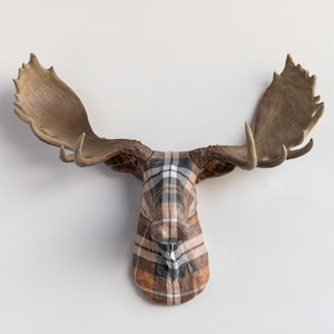 Faux Taxidermy Moose Head Fabric Wall Mount - Wall Decor - Autumn Plaid ...