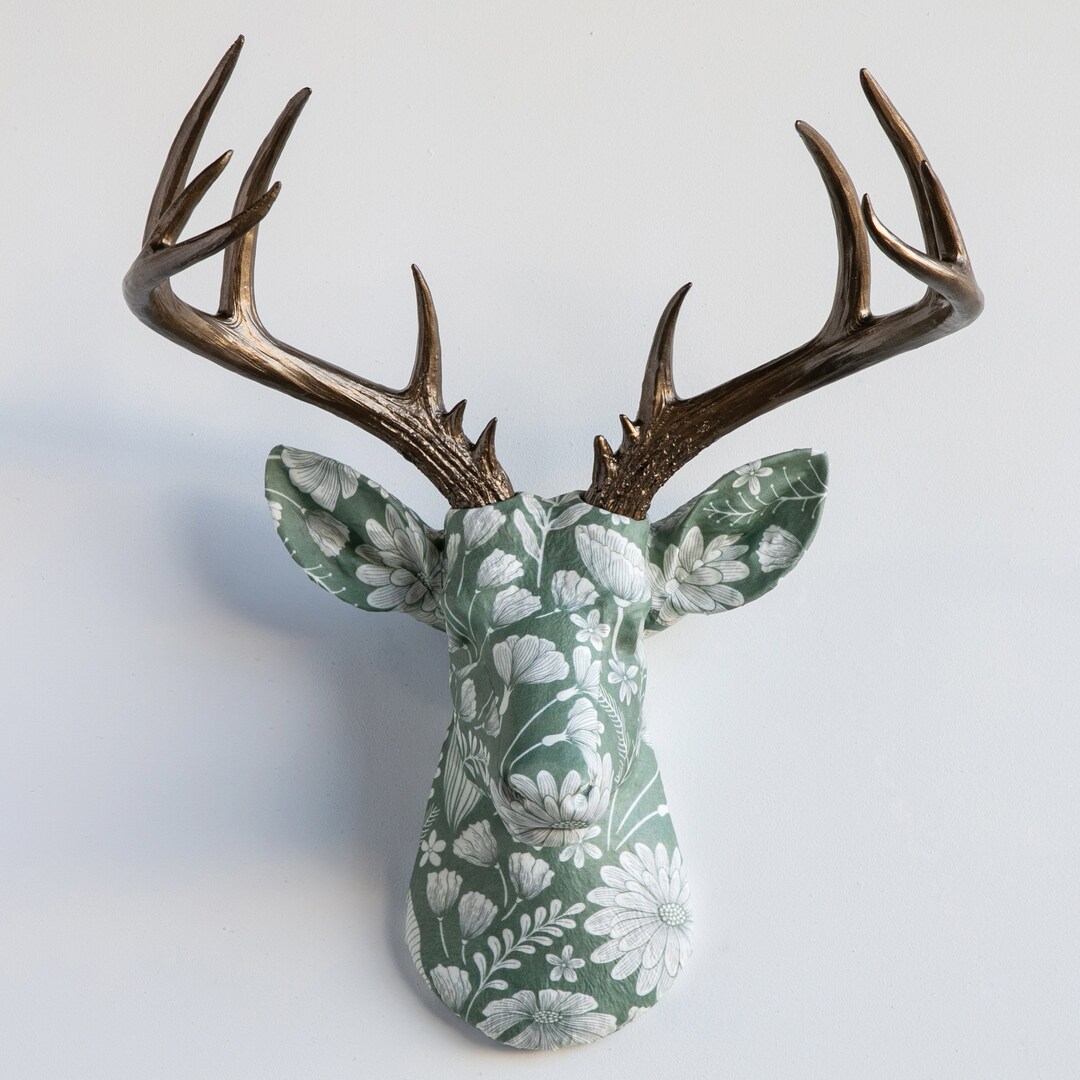 Faux Taxidermy Deer Head Fabric Wall Mount - Wall Decor - Sage Floral ...