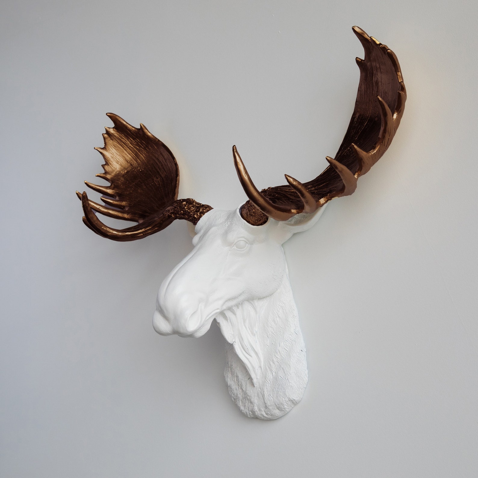 Faux Taxidermy Moose Head Wall Mount - Wall Decor - White and Bronze ...