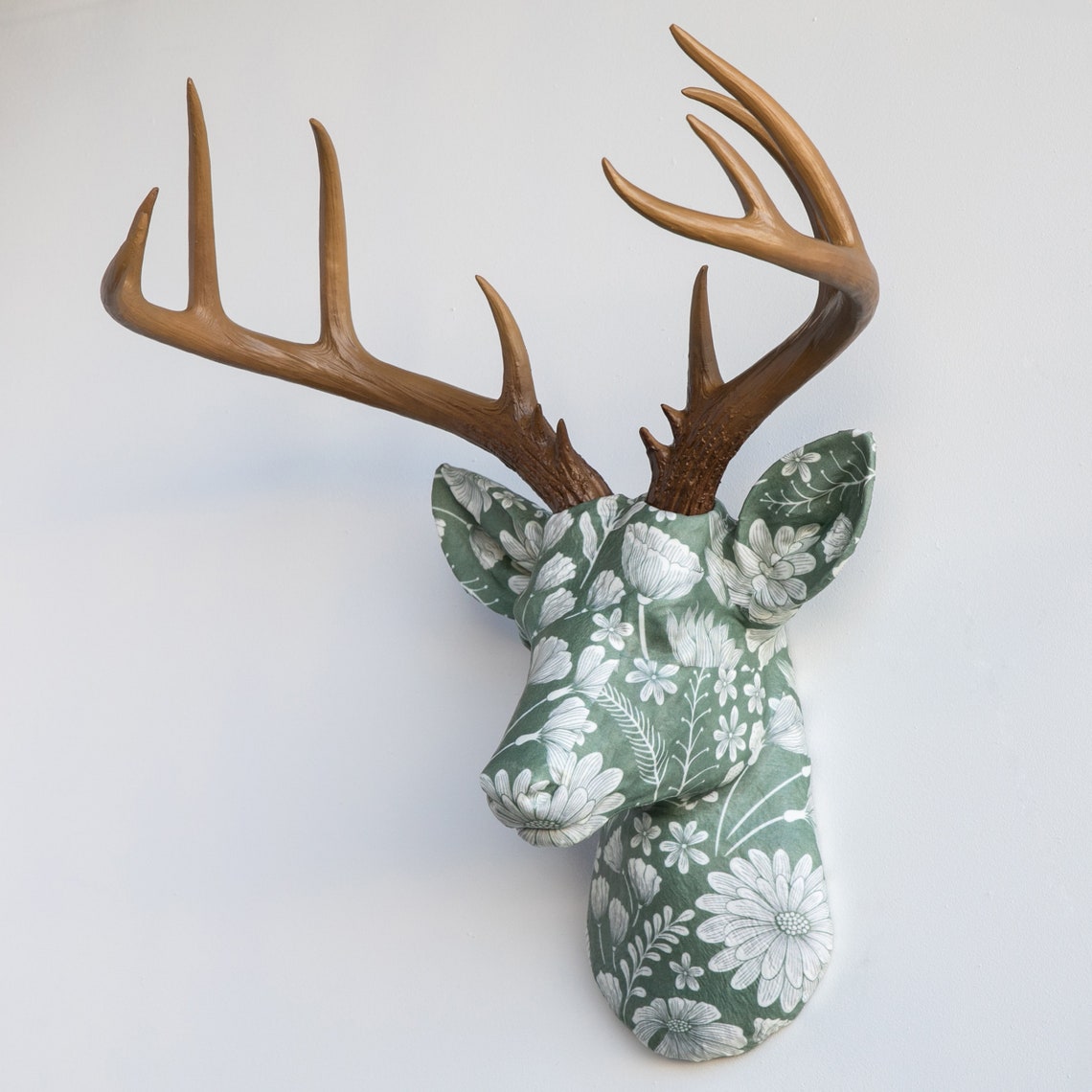 Faux Taxidermy Deer Head Fabric Wall Mount - Wall Decor - Sage Floral ...