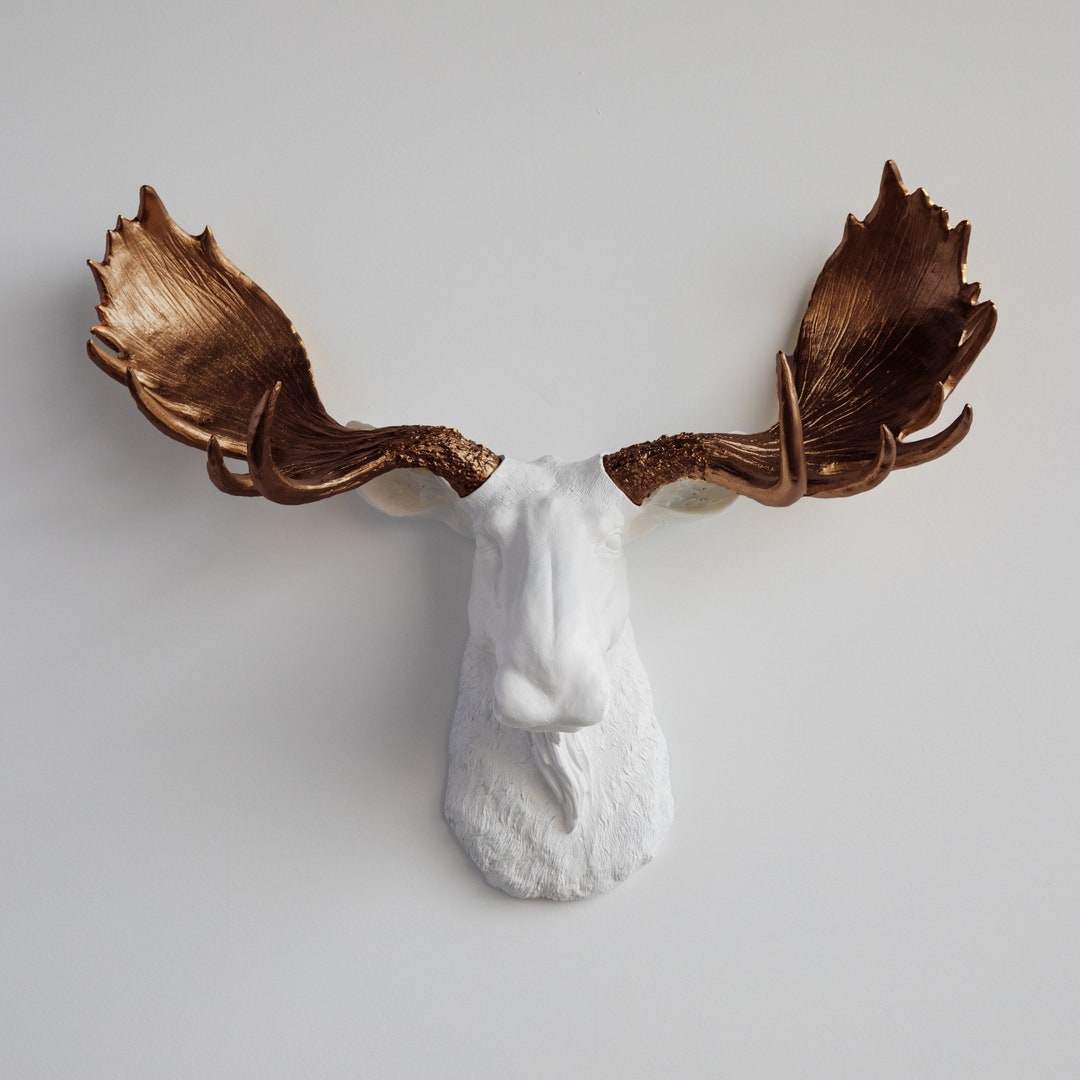 Faux Taxidermy Moose Head Wall Mount - Wall Decor - White and Bronze ...