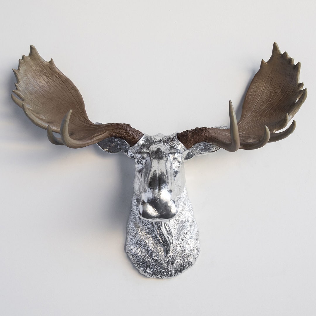 Faux Taxidermy Moose Head Wall Mount - Wall Decor - Chrome and Natural ...