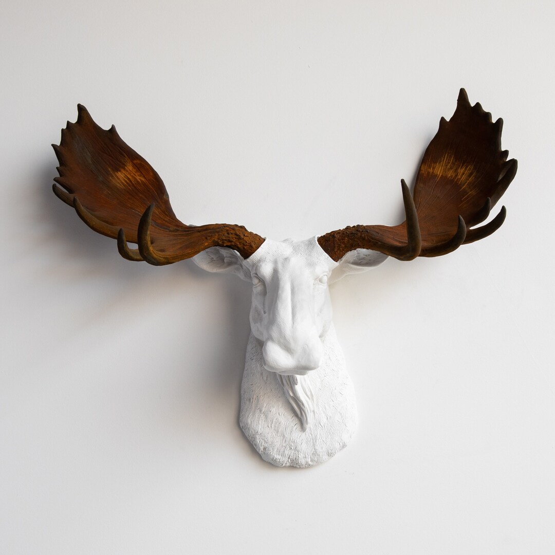 Faux Taxidermy Moose Head Wall Mount - Wall Decor - White and Rust ...