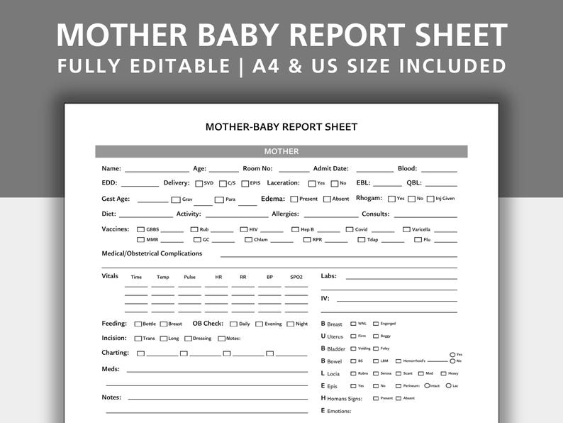 Mother Baby Report Sheet Printable, Postpartum Care Tracker, Newborn ...