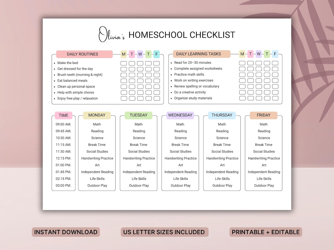 Homeschool Checklist Printable | Daily Routine & Learning Planner ...