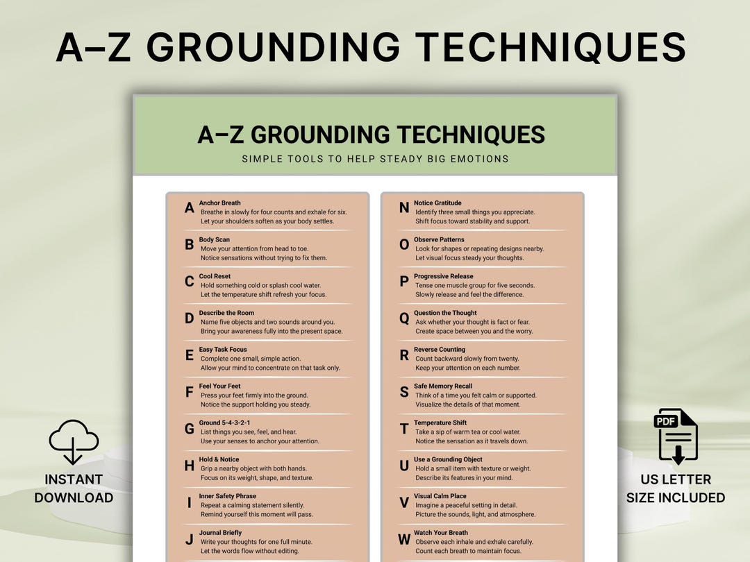 A-Z Grounding Techniques Poster – Calming Anxiety Coping Skills (PDF ...