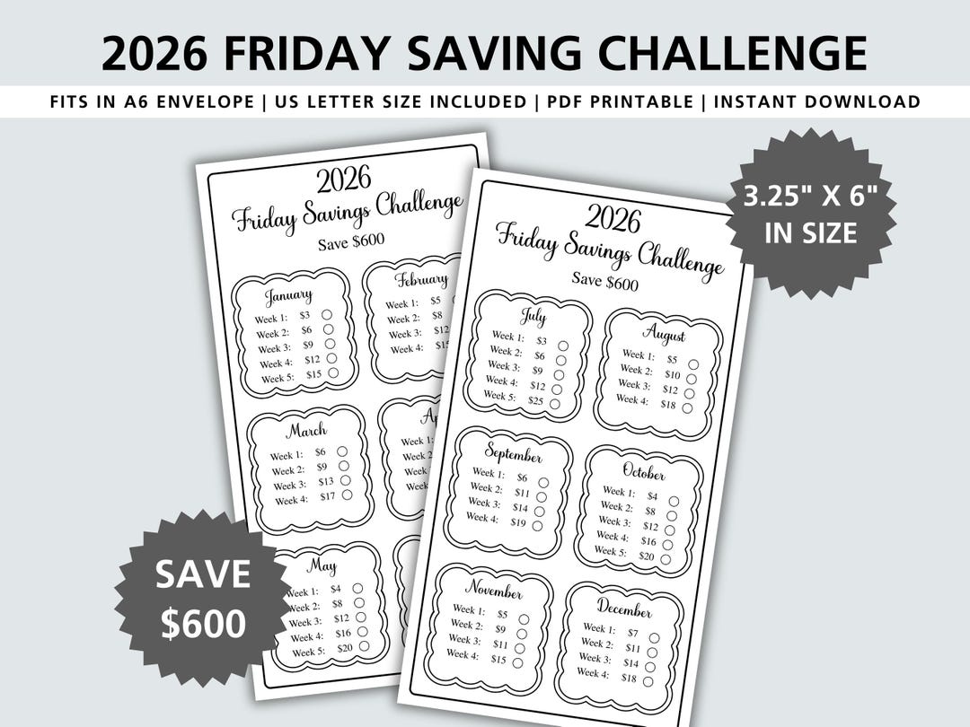 2026 Friday Savings Challenge Printable, Save 600 Money Challenge, A6 ...
