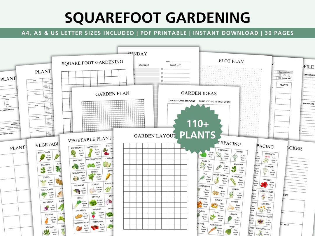 Square Foot Gardening Planner, Layout Grids, Plant Spacing (PDF A4/A5 ...