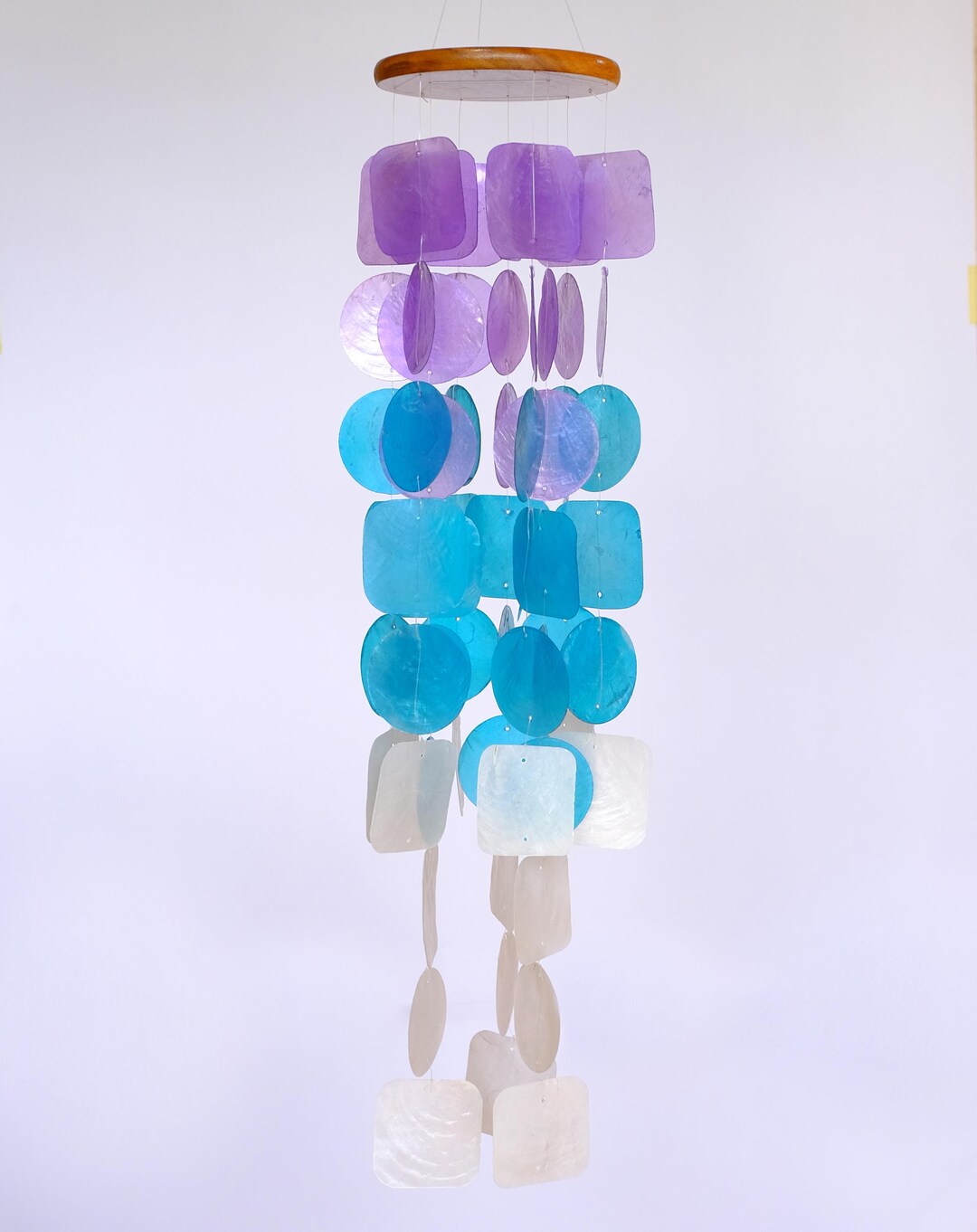 Capiz Shell Wind Chime: Purple-blue Coastal Decor, Teak Wood Top - Etsy
