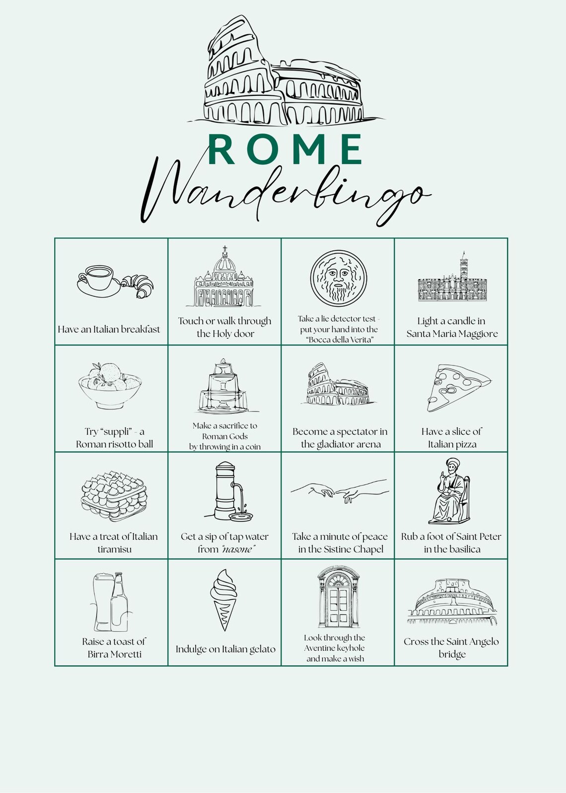 Rome Travel Bingo: City Landmarks & Food (printable PDF) - Etsy
