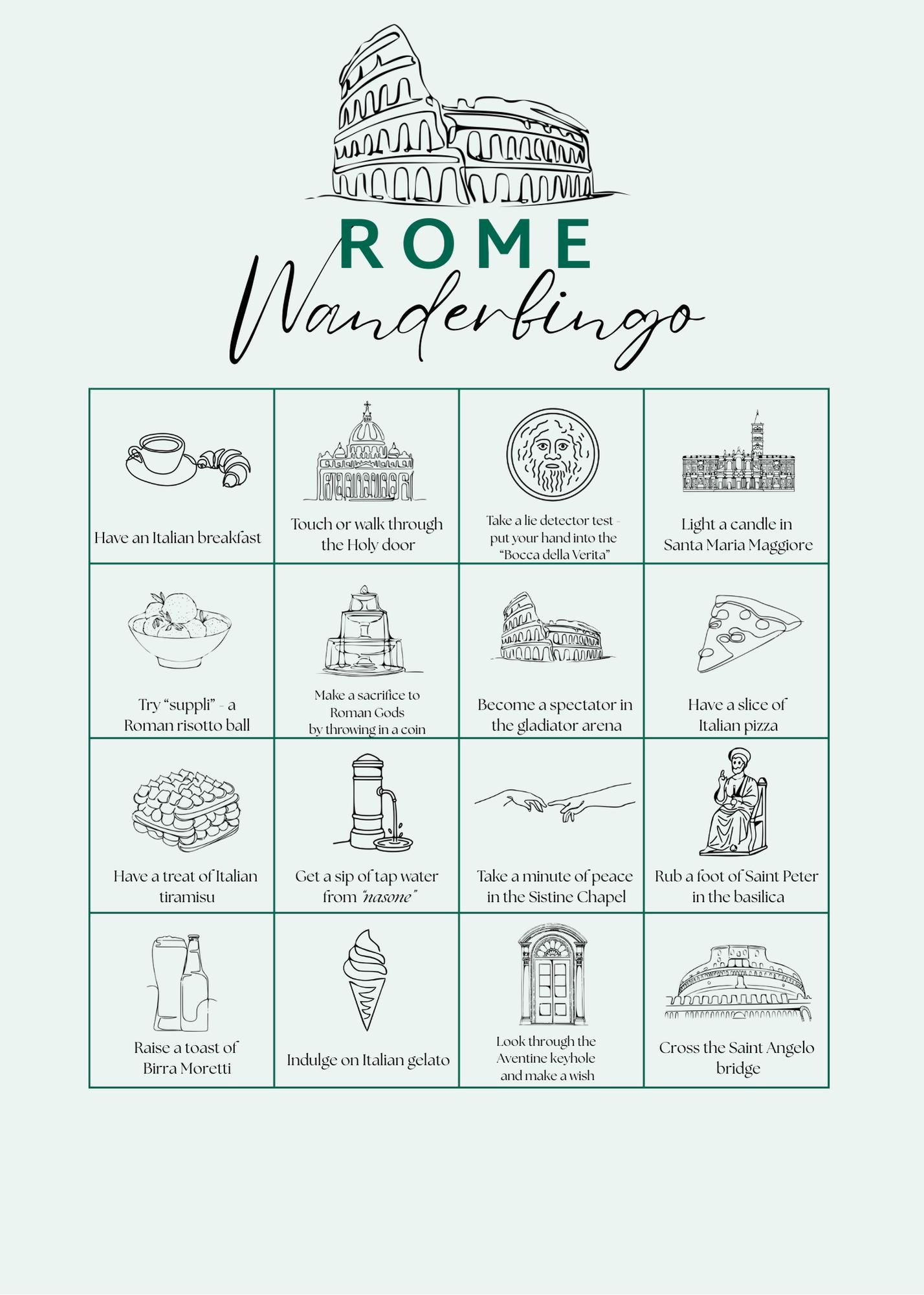 Rome Travel Bingo: City Landmarks & Food (printable PDF) - Etsy