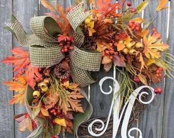 Fall monogram wreath | Etsy