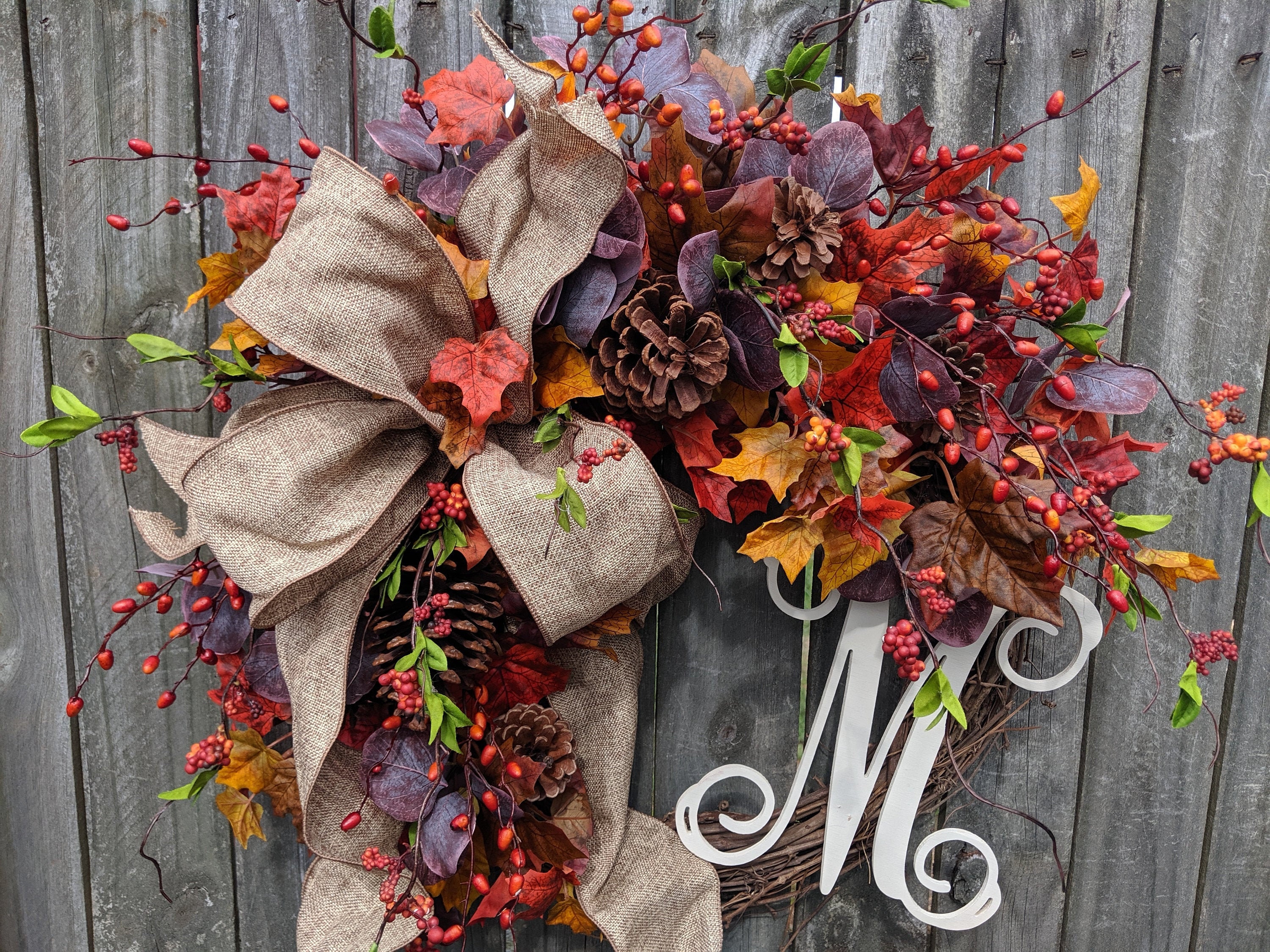 Fall Wreaths for Autumn Decor, Purple Burgundy Orange Fall Colors ...