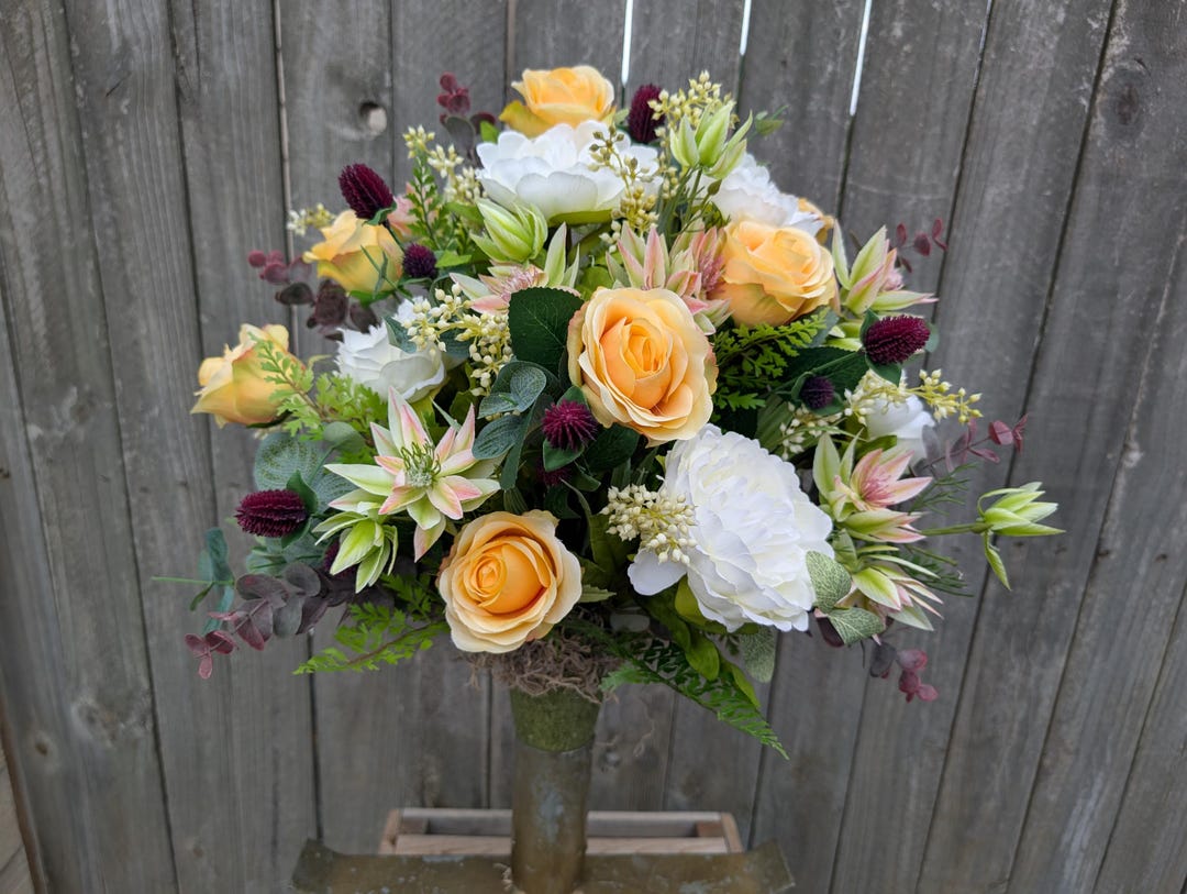 Yellow Rose Memorial Vase Arrangement, Spring Summer Fall Cemetery ...