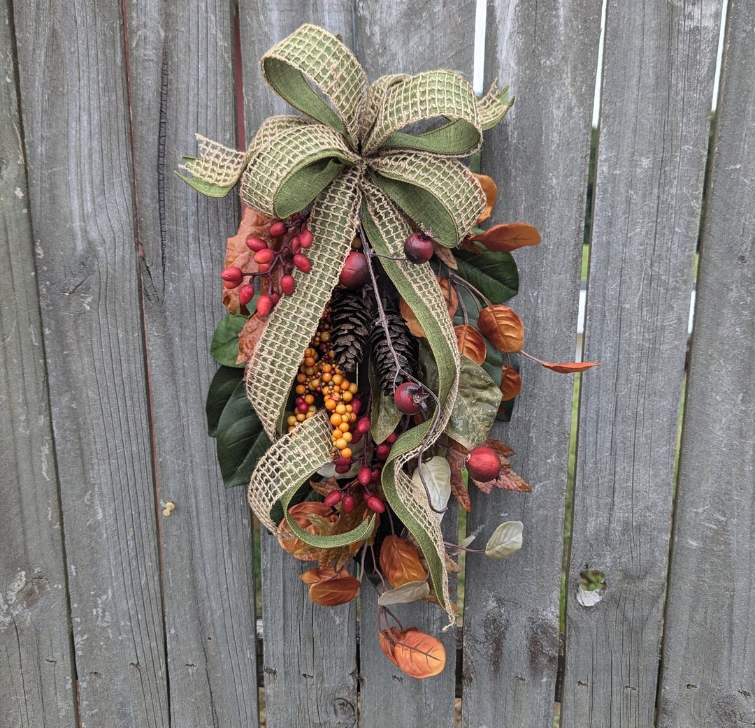 Fall Magnolia Swag, Small Door Swag, Autumn Decor, Green and Rust Swag ...