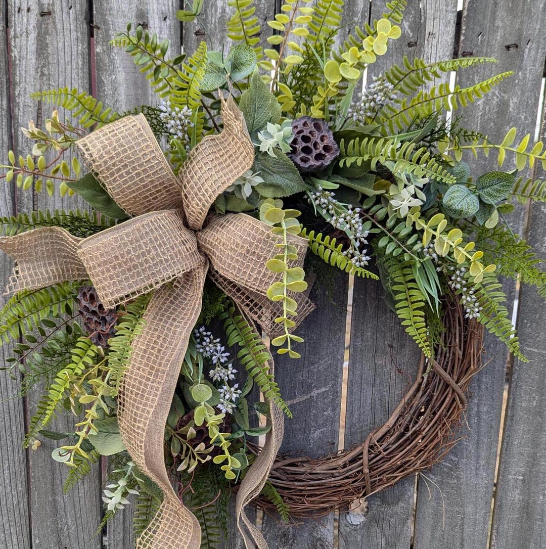 Fern Wreath, Natural Greenery, Burlap Bow, Everyday Door Decor 434 - Etsy
