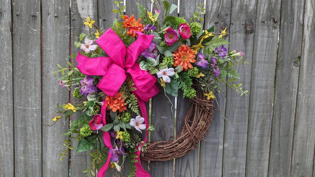 Spring Wreath, Bright Wreath for Spring and Summer, Bright Pink, Orange ...