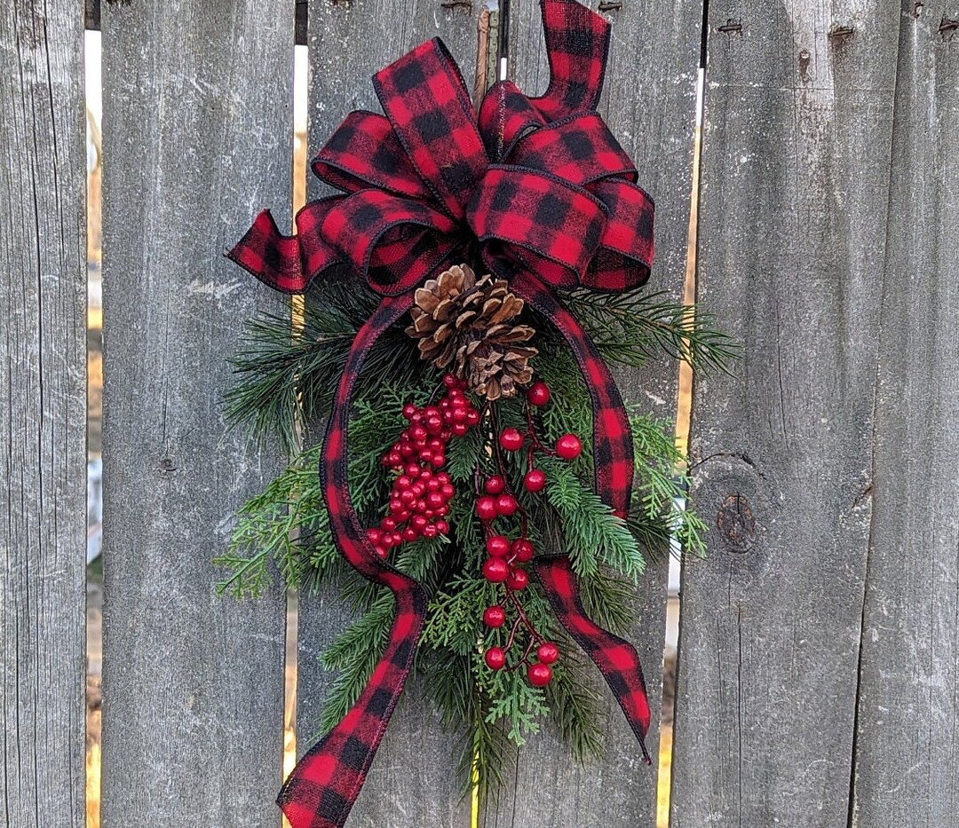 Christmas Swag, Small Berry Swag, Buffalo Check Lantern Swag, Swag With ...