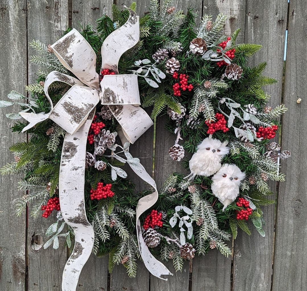 Christmas Wreath, Winter Holiday Wreath, Wreath With Snowy Owls, White ...