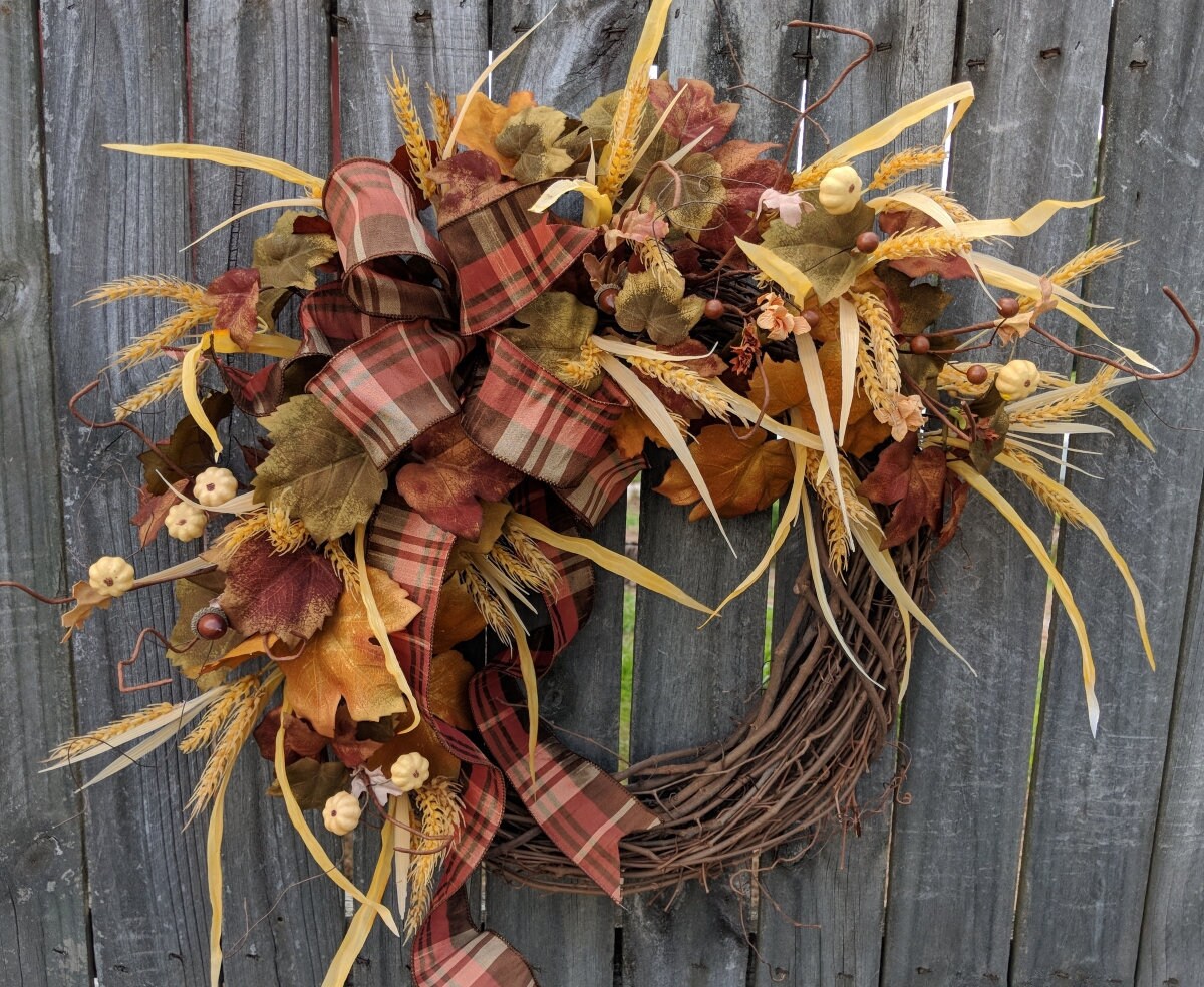 Fall Cream Wreath, Fall / Autumn Brown Wreath, Plaid Bow, Muted Colors ...