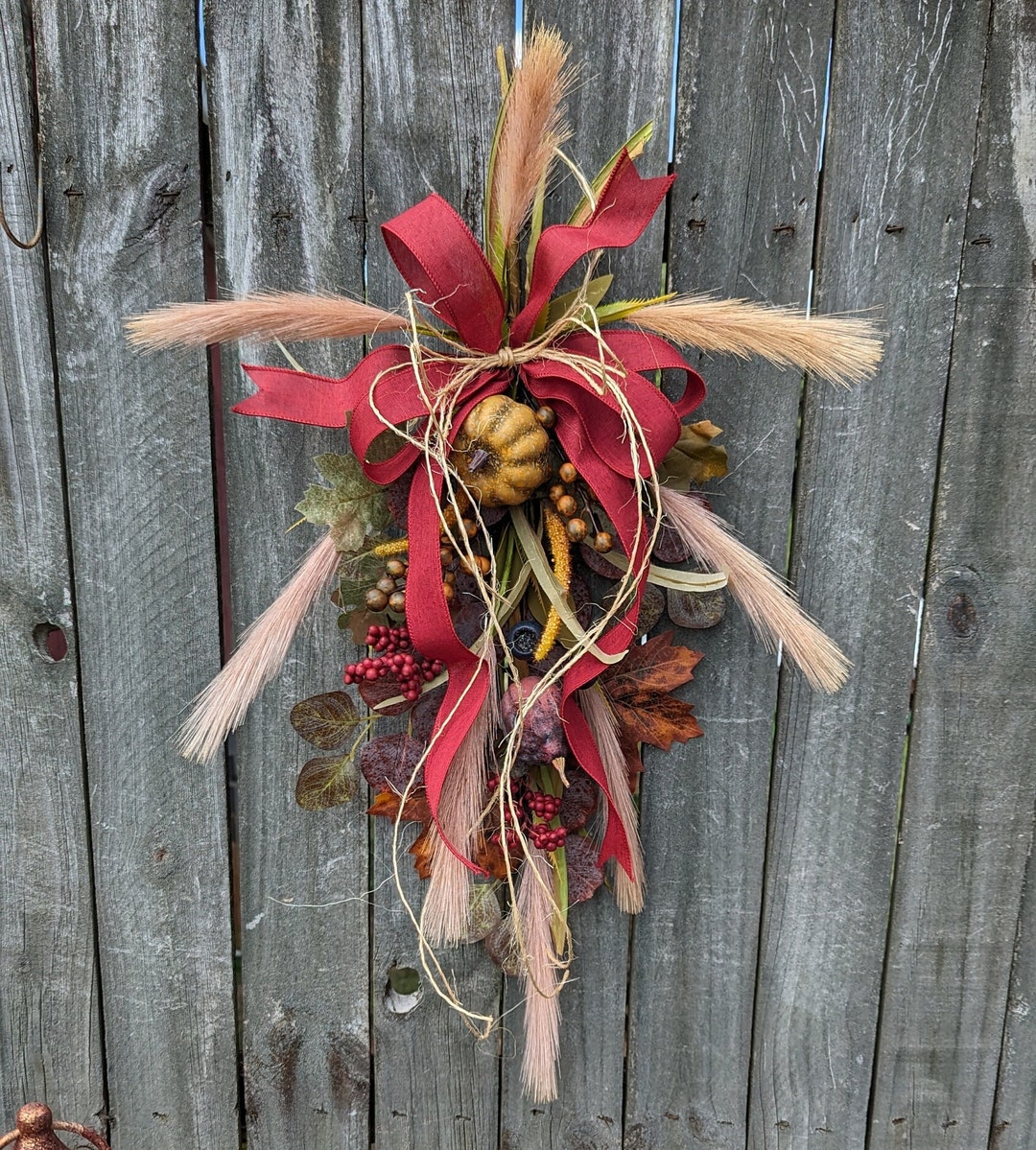 Fall Pampas Grass Swag, Autumn Wedding Decor, Rustic Linen Ribbon 24 ...
