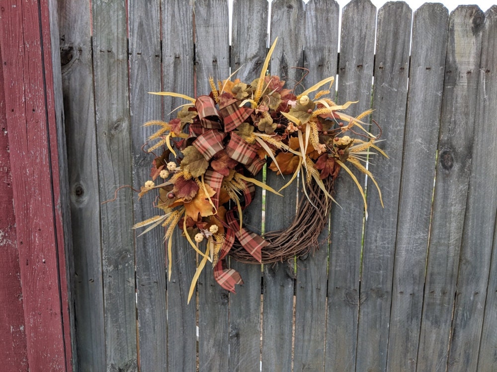 Fall Cream Wreath, Fall / Autumn Brown Wreath, Plaid Bow, Muted Colors ...