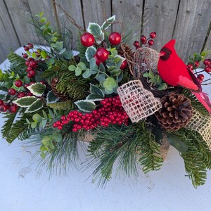 Christmas Centerpiece, Cardinal Evergreen Crate, Flower Crate ...