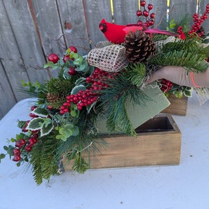 Christmas Centerpiece, Cardinal Evergreen Crate, Flower Crate ...