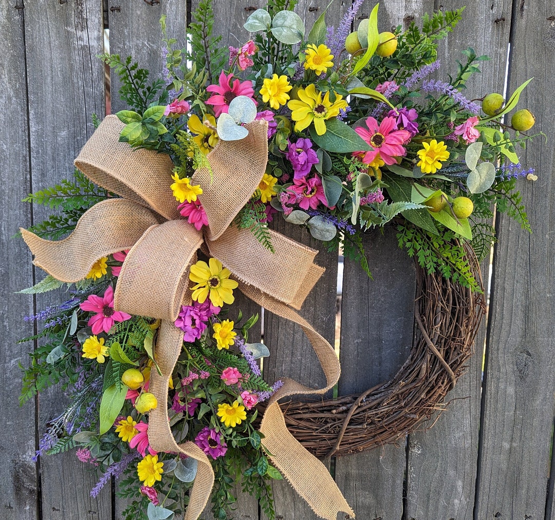 Door Wreath, Spring Door Wreath, Pink, Purple Yellow Daisies Wreath ...