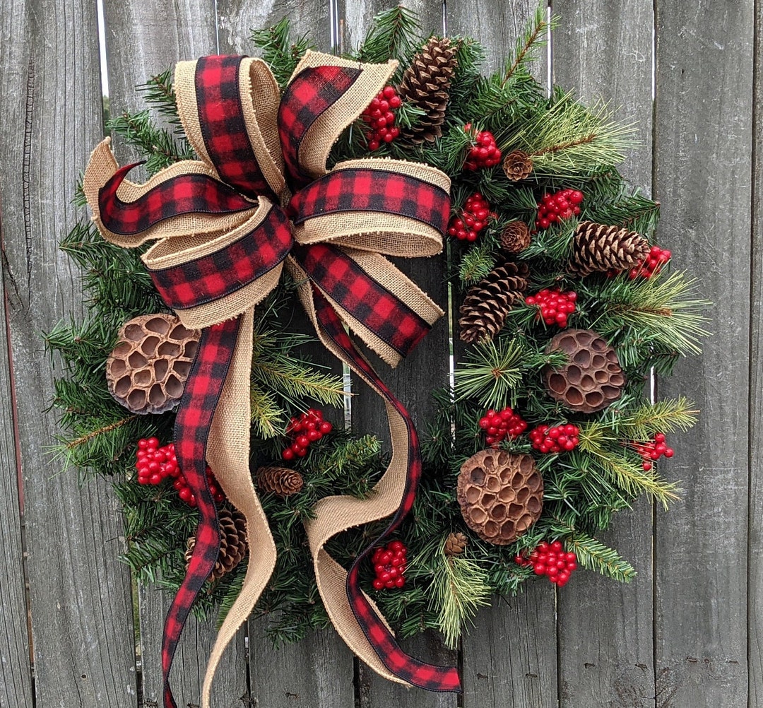 Christmas Wreath, Buffalo Check Burlap Wreath, Black and Red Check ...