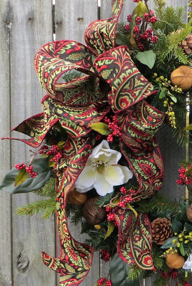 Wreath Bow Christmas Everyday Wreath Bow Elegant Paisley Ribbon Brown Red Green Wired
