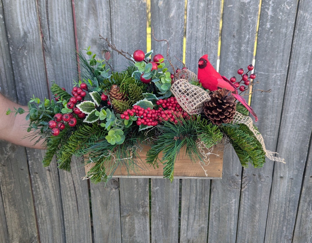 Christmas Centerpiece, Cardinal Evergreen Crate, Flower Crate ...