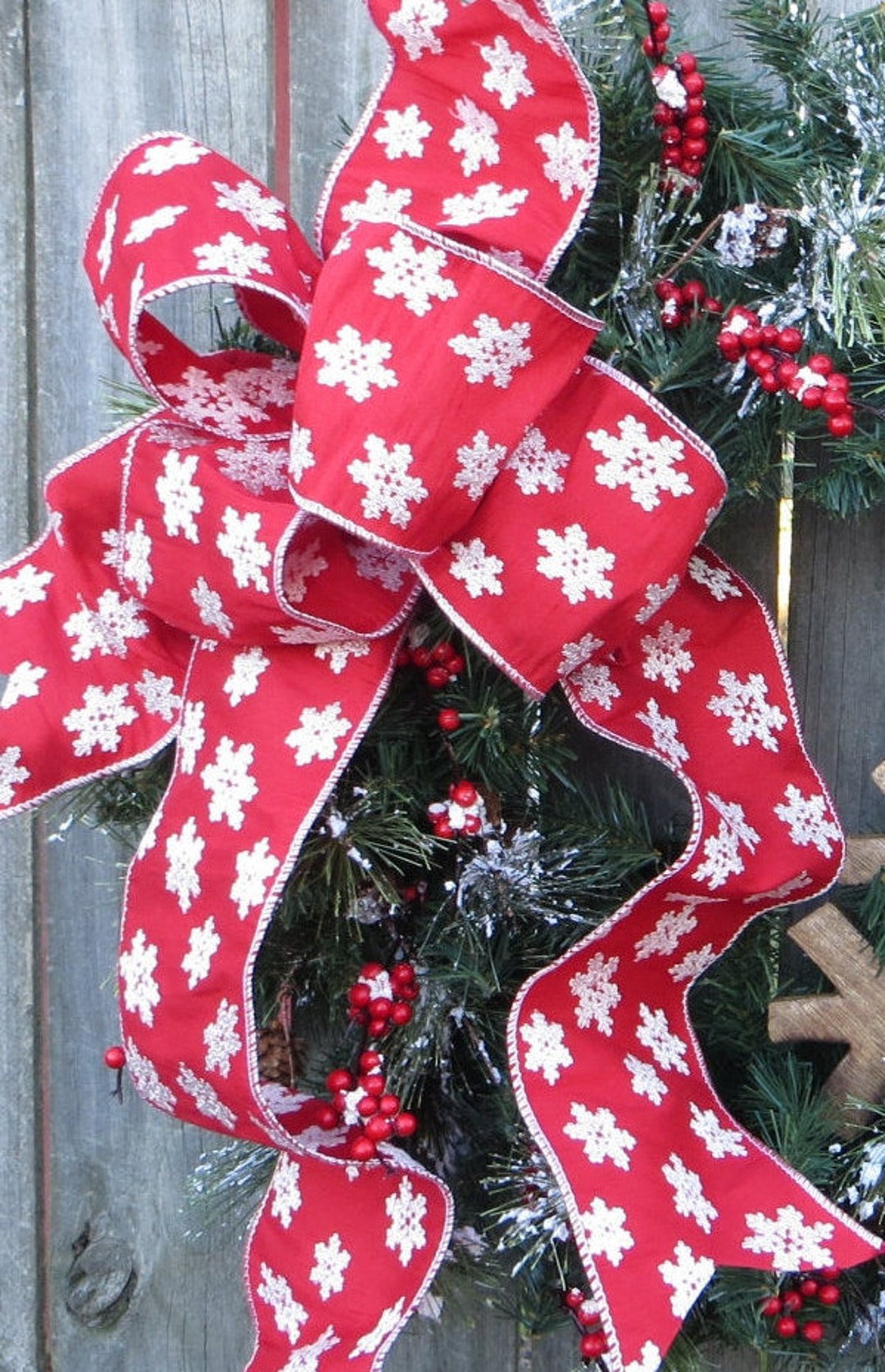 Snowflake Christmas Bow, Red Christmas Bow, Wired Ribbon Bow, Snow ...
